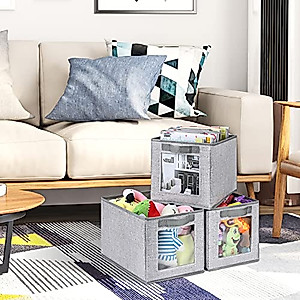homsorout Closet Storage Bins, Fabric Storage Baskets for Shelves, Storage Cubes with Window, Foldable Storage Bins for Closet, Toys, Clothes, Books, 3 Packs (Blended)