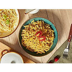 ONEMORE Porcelain Salad Pasta Bowls 30 Ounce, Set of 6 Ceramic Salad Dinner plates Bowls, Shallow & Wide Serving Bowls for Soup, Dessert, Pizza. Microwave & Dishwasher Safe Kitchen Dinnerware, Teal