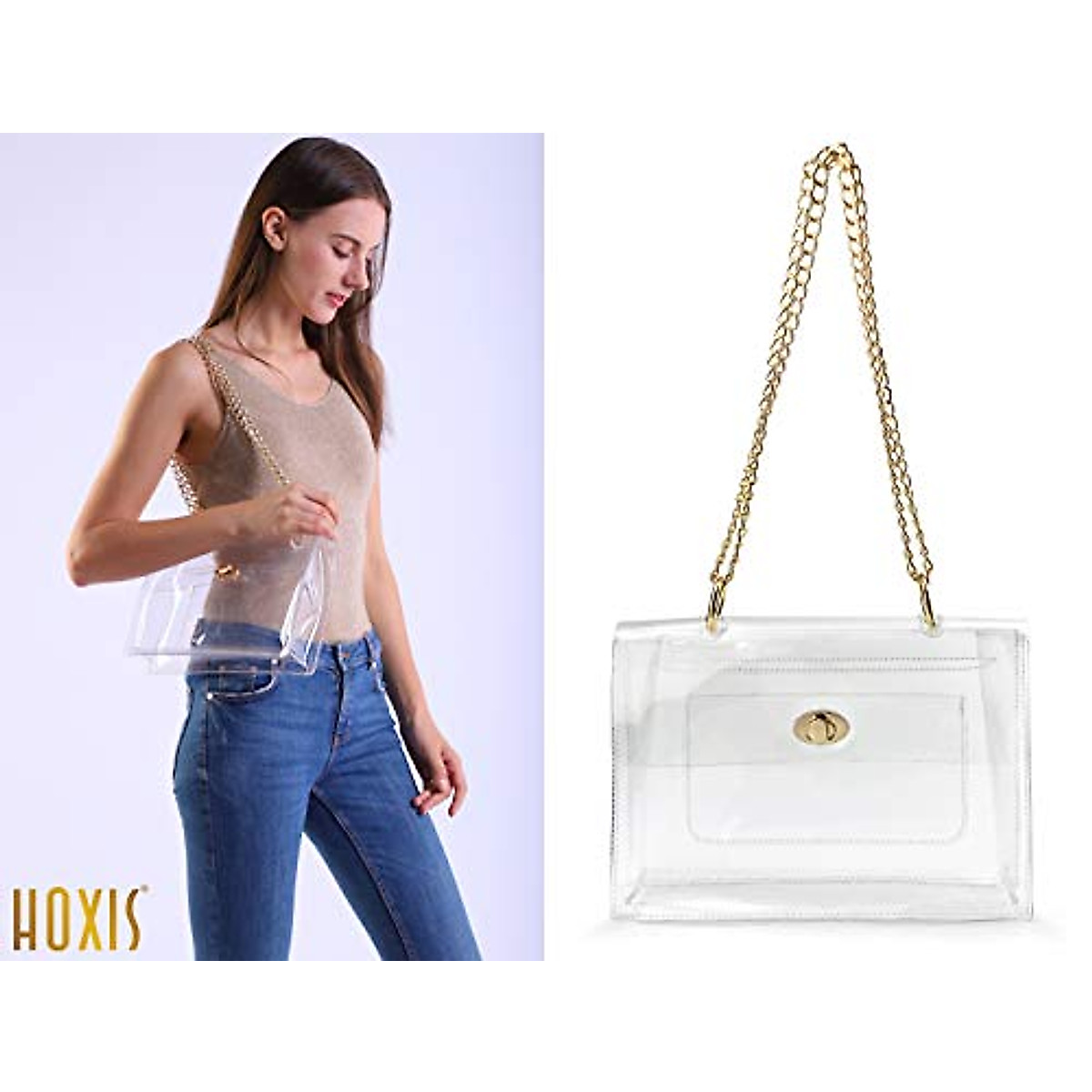 Women Clear Flap Top Chain Shoulder Handbag with Turn Lock Minimalist Messenger Purse for Stadium Approved (Clear)
