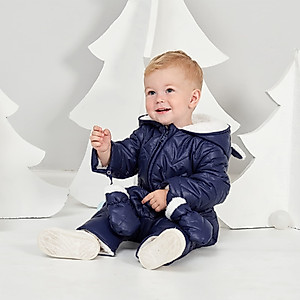 Bafeicao Infant Baby Boy Girl Winter Hooded Snowsuit Romper Zipper Padding Jumpsuit Winter Warm Puffer Jacket with Gloves,Navy Blue, 9-12M