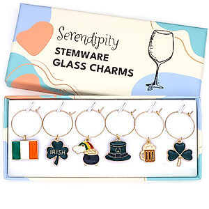 St Patrick's Day Wine Glass Charms, Irish Glass Markers, St Patricks Day Decoration, Set of 6 Charms: Ireland Flag, Leprechaun Hat, Shamrock, Beer Mug, and Pot of Gold