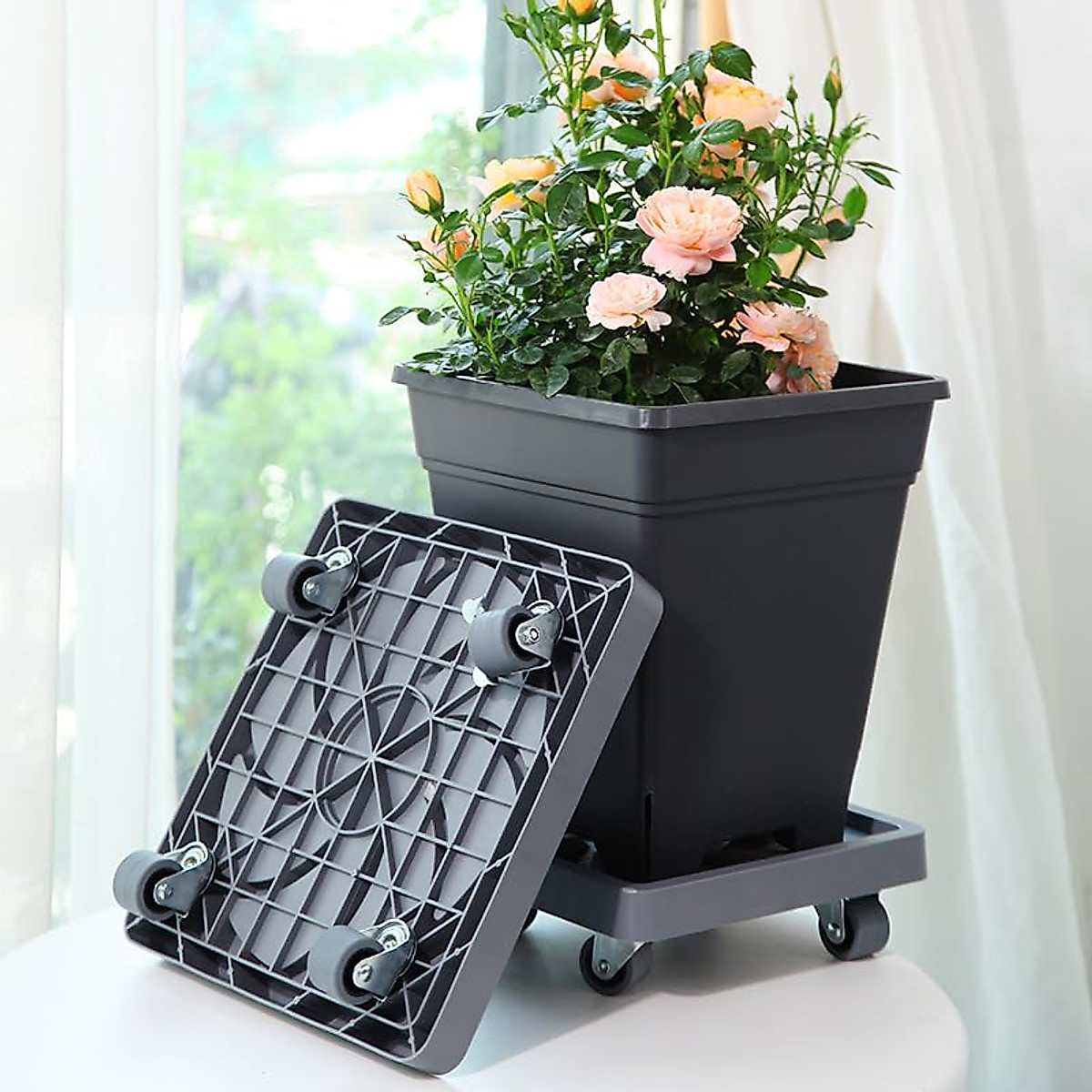Plant Caddie with Wheels and Water Storage Tray, 11.8" Rolling Plant Stand, 4-Wheeled Plant Roller, Lockable Casters, Heavy Duty Plant Caddy for Large Indoor and Outdoor Planters