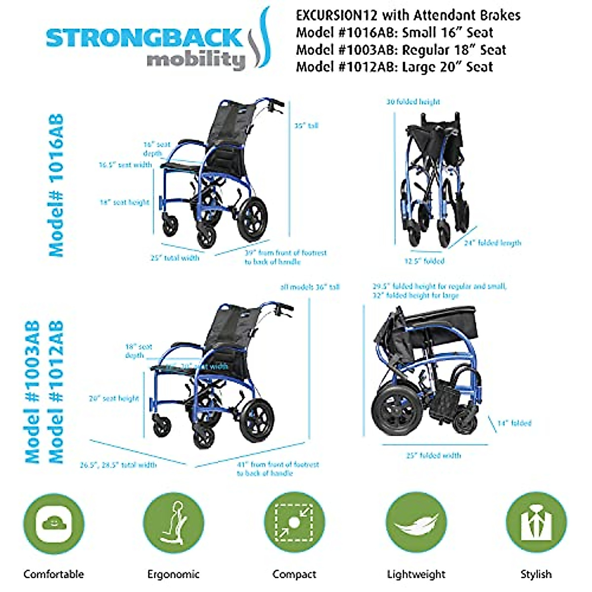 Strongback Mobility Excursion 12S+AB Lightweight Folding Wheelchair for Adults and Seniors - Transport Chair with Built-in Adjustable Lumbar Support; 18" Seat (12" Rear Wheels)
