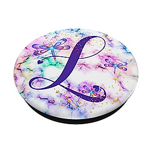Purple Monogram Letter L Initial Rainbow Dragonfly PopSockets Swappable PopGrip