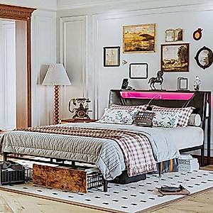 IRONCK Queen Bed Frame with Drawers, Ergonomic Storage Headboard with Charging Station, LED Light, Solid and Stable, No Box Spring Needed