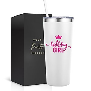 Your Dream Party Shop Birthday Girl Insulated Wine Tumbler - White Stainless Steel Cup for Women’s Celebrations - Birthday Tumbler For Women (22 oz)