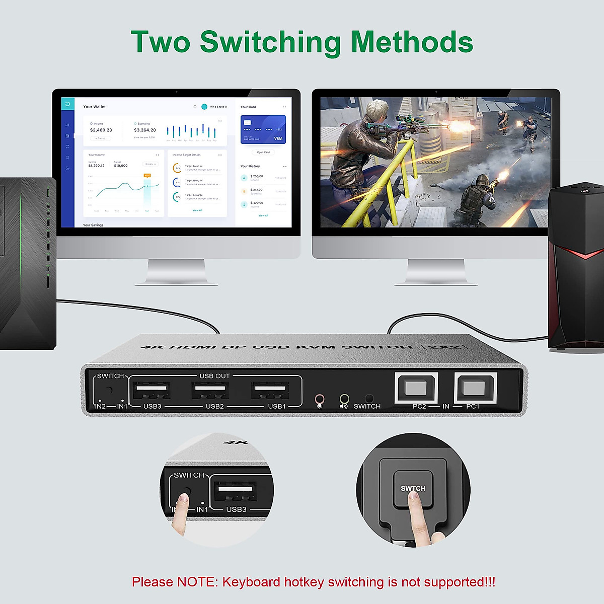 Dual Monitor DisplayPort HDMI KVM Switch 4K@60Hz 2-Port Extended Display 2 in 2 Out KVM Switch 2 Monitors 2 Computers Displayport and HDMI, with 3xUSB, Audio Port, Included 2xUSB Cables, Controller