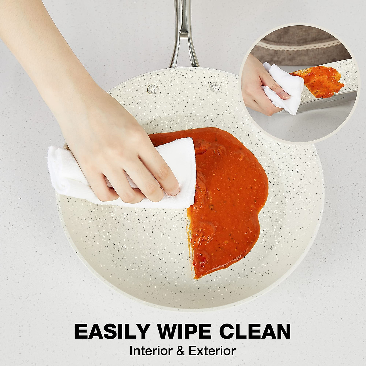 HLAFRG 12 Inch Nonstick Frying Pan with Lid, White Marble Skillet Stone-Derived Coating, APEO & PFOA Free, With Heat-Resistant Handle, Oven Safe and Induction Compatible