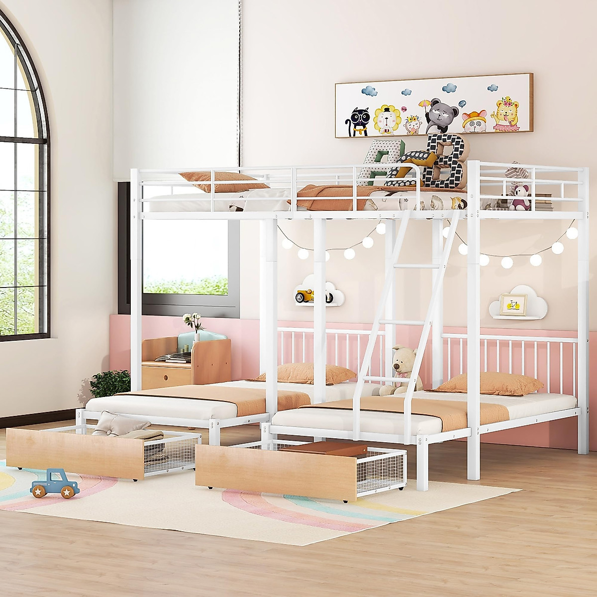 Metal Triple Bunk Bed Full Over Twin & Twin, Full Over Twin & Twin Bunk Bed with Storage Drawers, 3 Bunk Beds/Convertible Into 3 Beds, Metal Triple Bunk Beds for Kids,Teens, Girls(White)