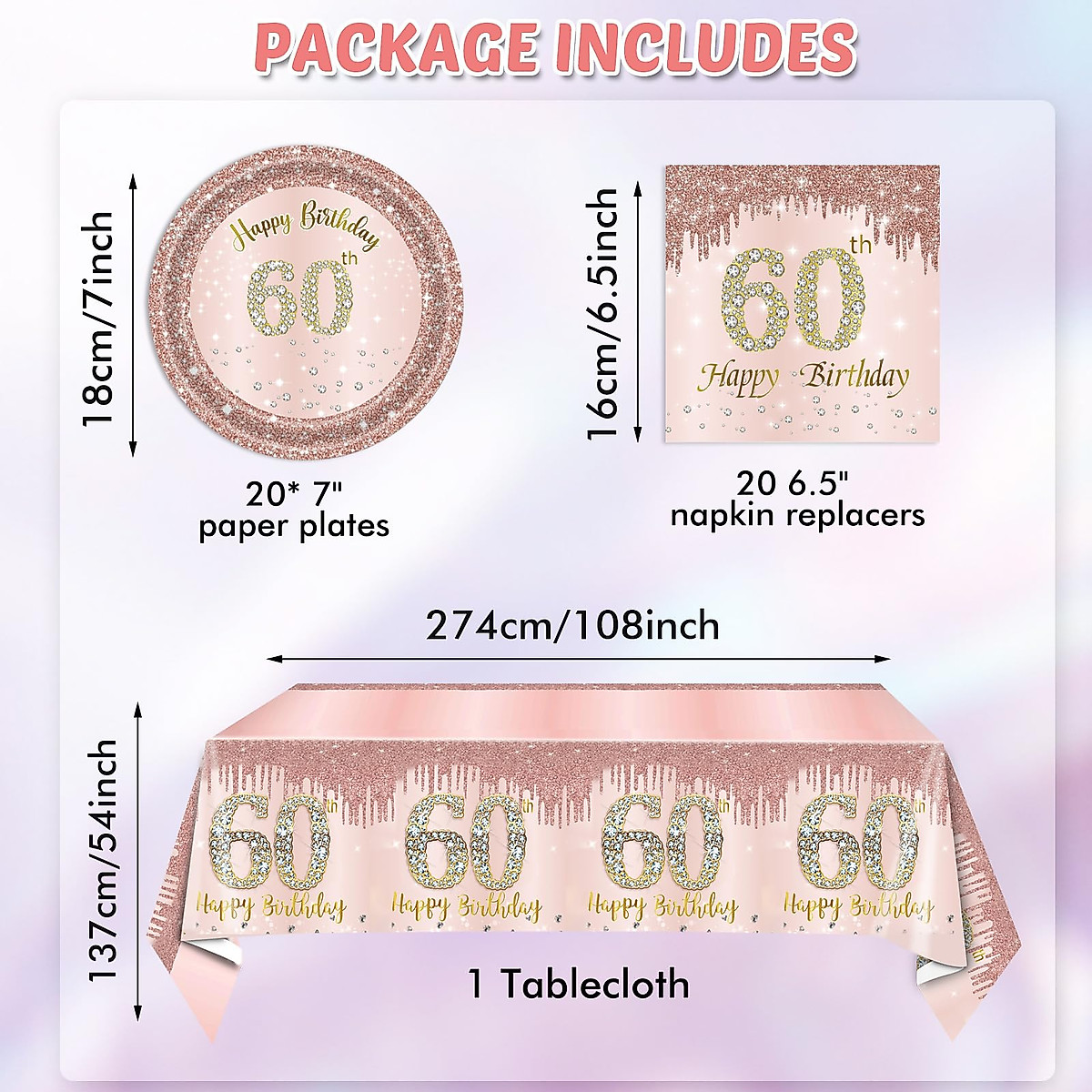 41PCS 60th Birthday Decorations For women Rose Gold Sixty Year Old Birthday Supplies Plates Napkins Tablecloth Disposable Tableware For 20 Guests