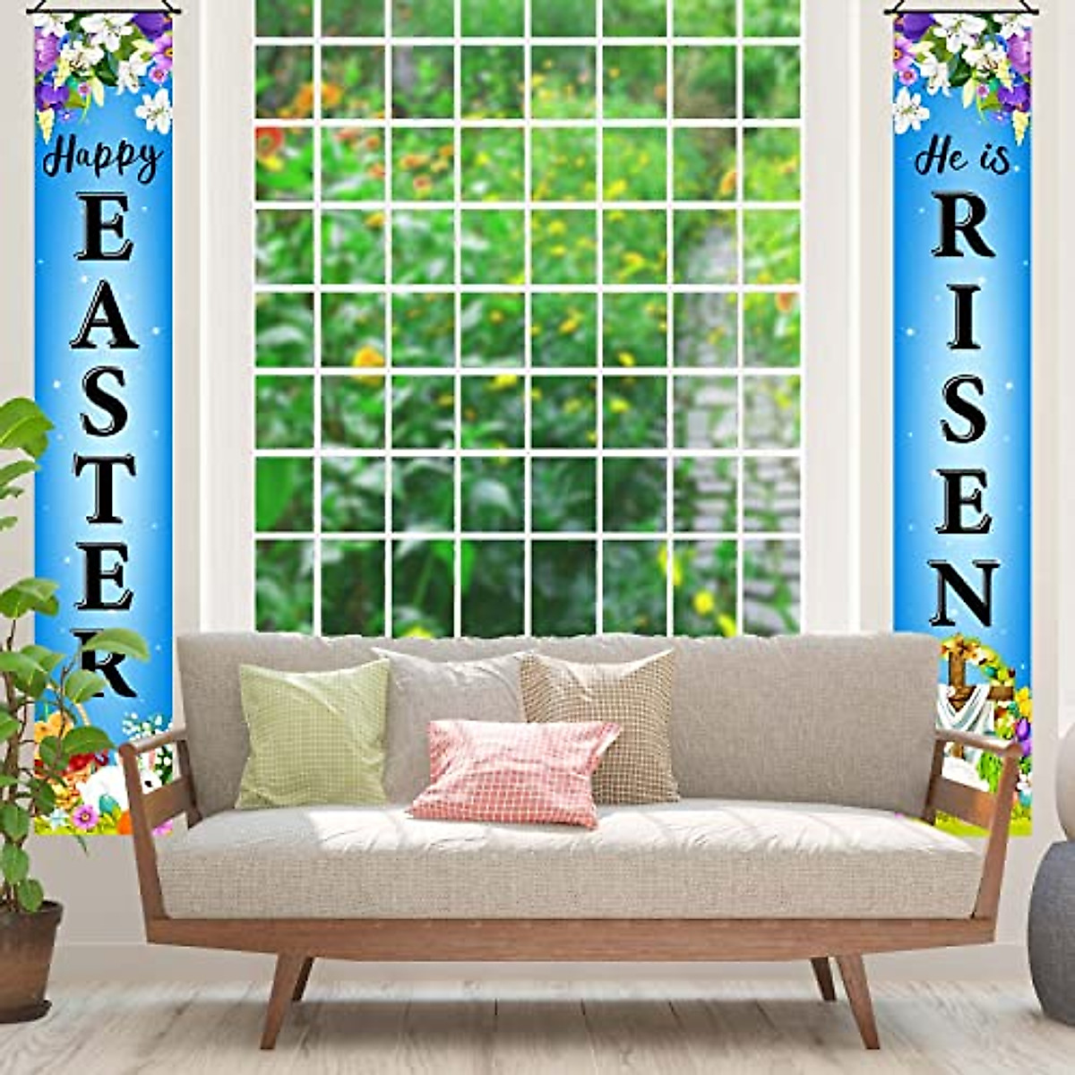 FARMNALL Easter He is Risen Porch Banner Bunny Egg Rabbit Party Front Door Sign Wall Hanging Spring Lily Cross Decorations and Supplies for Home Office Farmhouse Holiday Decor