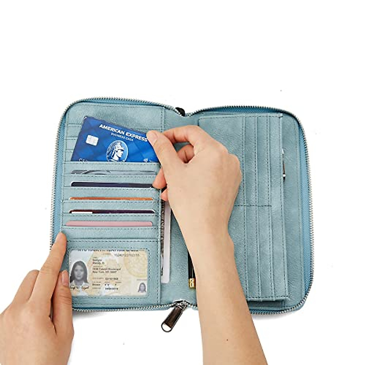 BOSTANTEN Leather Wallet for Women RFID Blocking Zip Around Credit Cards Holder Phone Clutch Blue