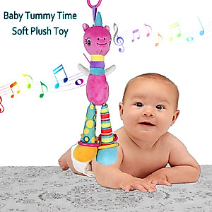 KAKIBLIN Baby Car Seat Toy, Baby Stroller Toys, Soft Hanging Rattle Baby Toy Teething Stuffed Toy, Animal Plush Wind Chime with Teether and C-Clip Ring for Infant(Pink)