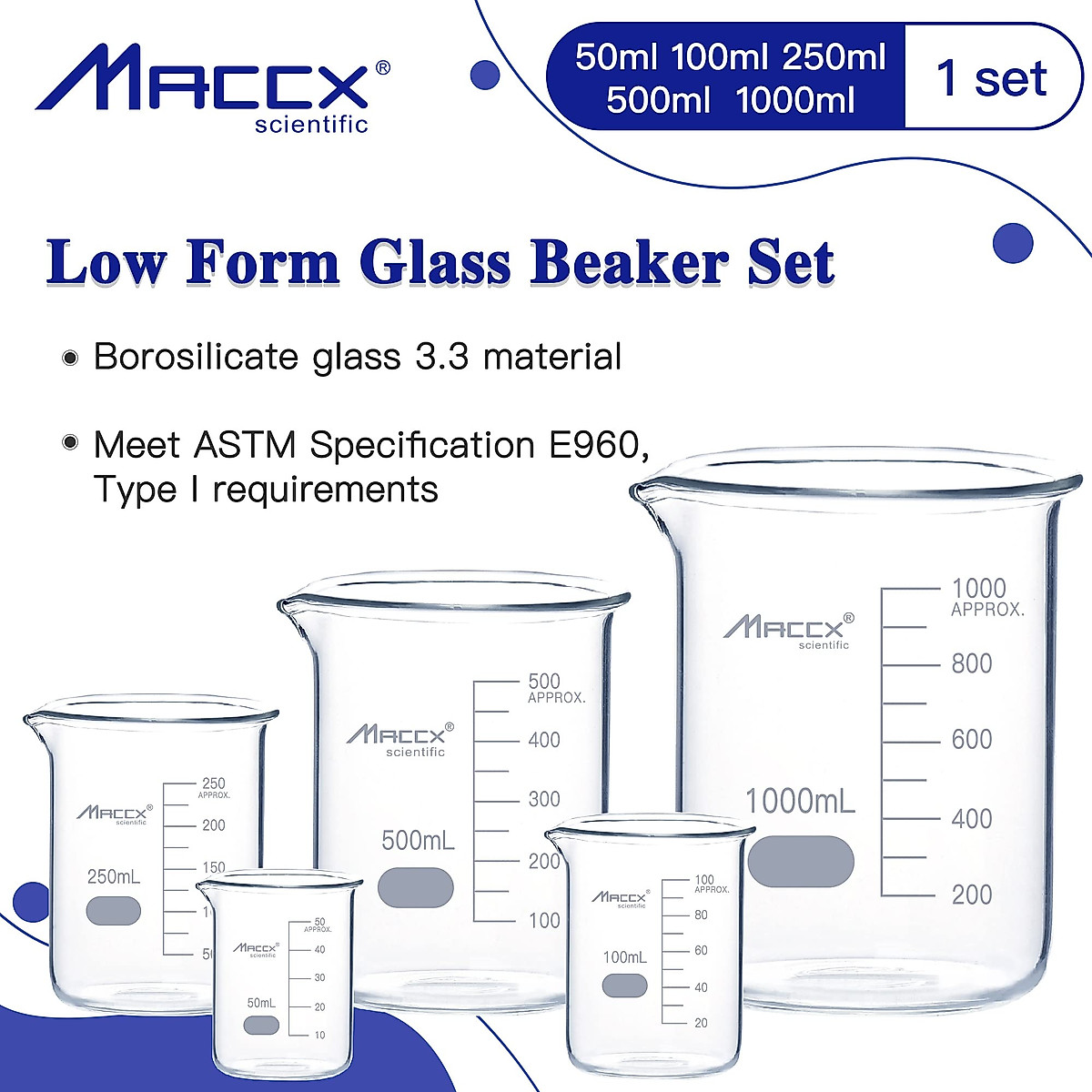 Maccx Sturdy Glass Beakers, 5 Sizes of 50ml 100ml 250m 500ml 1000ml,3.3 Borosilicate Griffin Low Form with Printed Graduation, BKLS02-005