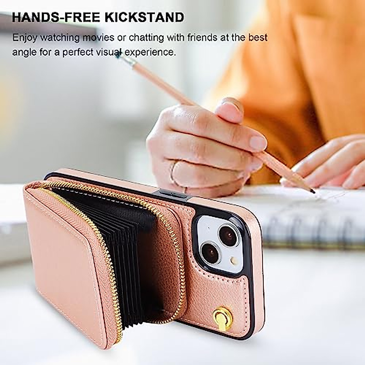 KIHUWEY Crossbody Wallet Case for iPhone 13 iPhone 14, Zipper Pocket Case with Card Holder, PU Leather RFID Protective Cover Case with Kickstand Detachable Wrist Strap Lanyard 6.1" (Rose Gold)