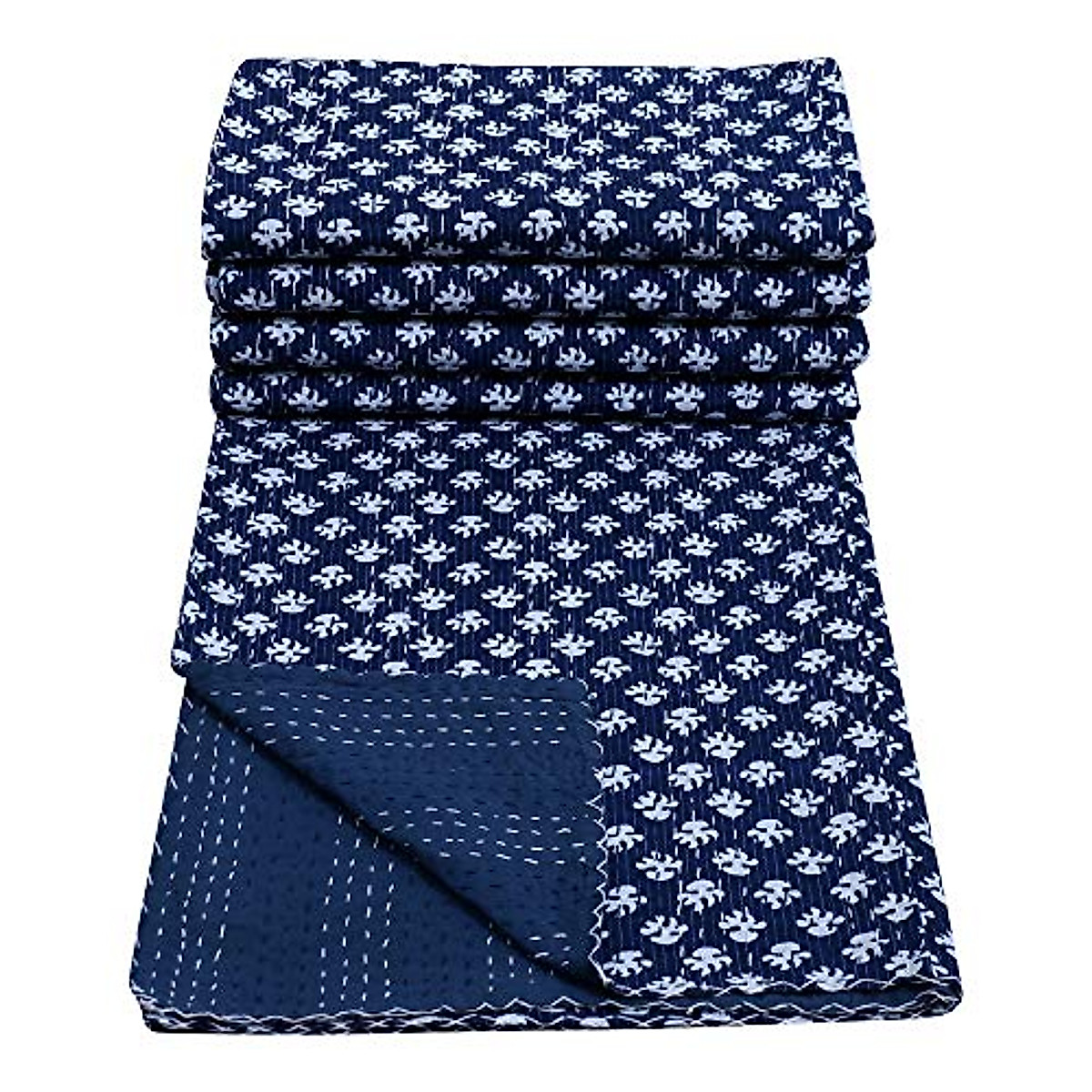 Maviss Homes Indian Traditional Handmade Patchwork Cotton Super Soft Kantha Quilt Blanket | Throw Bedspread Blanket | Bedroom Décor Throw Quilt |Home Décor; Blue