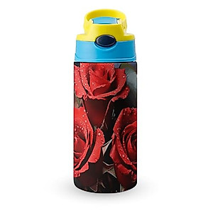 Stainless Steel Water Bottles Romantic Red Roses Travel Water Cups with Handle And Silicone Straw Drinking Cup with Leak Proof Lid Thermo Travel Mug for Women Men