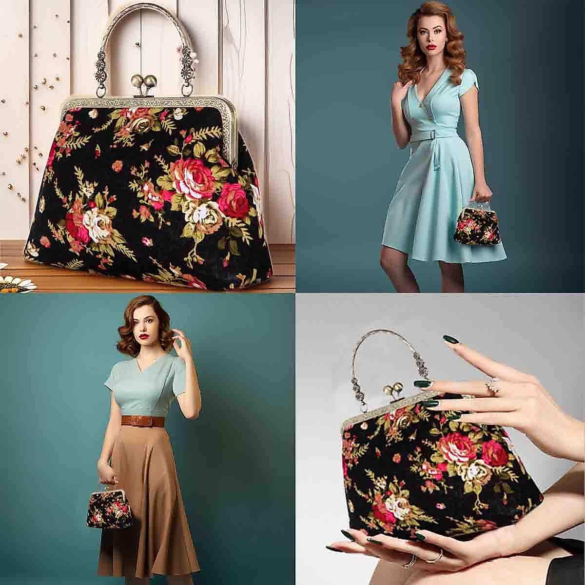 Abuyall Floral Top Handle Handbag Chain Strap Women Kiss Lock Canvas Frame Shoulder Bag Black