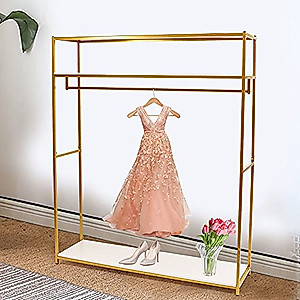 GDAE10 1.8m Height Gold Garment Rack with Three-tiers Wood Board Stand Iron Wedding Dress Bridal Garment Rack Dress Display Stand Floor Hanger Storage Rack for Home Wedding Clothing Store