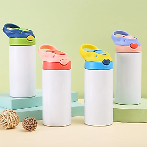 Gekestory Kids Sublimation Tumblers, Sublimation Water Bottle Blanks, 6PACK 12oz Straight Double Wall Kids Sippy Cups, Blank Cups for Heat Transfer, with DIY Stickers Shrink Wrap Rubber Base (6PACK)