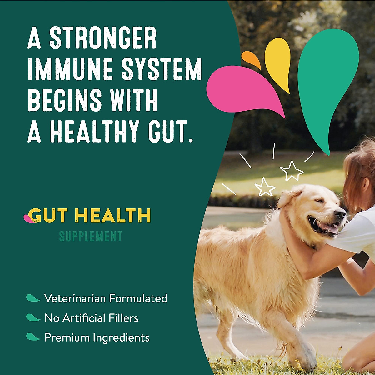 Happy Go Healthy Dog Gut Health Probiotics Supplement | Improves Digestive Health and Immune System Support for Dogs and Puppies | All Natural Ingredients Tasty Kibble Dog Food Topper | 60 Count Pack