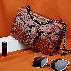 GLOD JORLEE Women's Stylish Chain Strap Crossbody Shoulder satchel Bags -Classic Stone Pattern Crocodile Pattern Leather Square Flap Handbag (Brown)