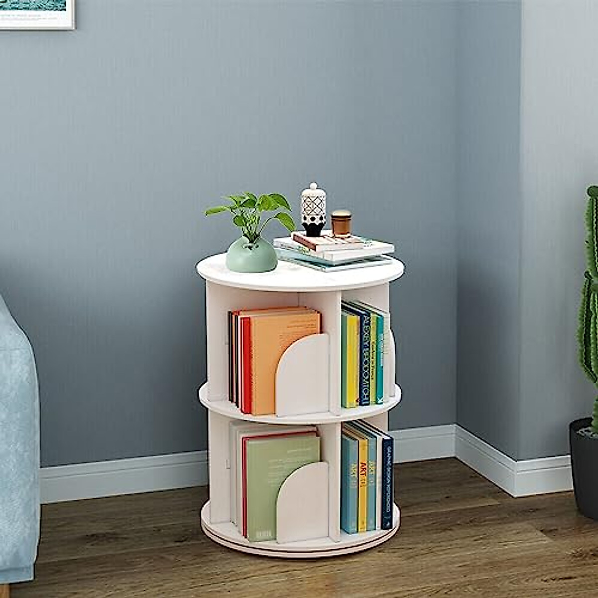CNCEST 2 Layers 360° Rotating Bookshelves, Open Bookcase Freestanding Storage Shelf Nordic Style Bookshelf Organizer Storage Shelves Shelf Capacity 100k Place Books Small Potted Decorations (White)