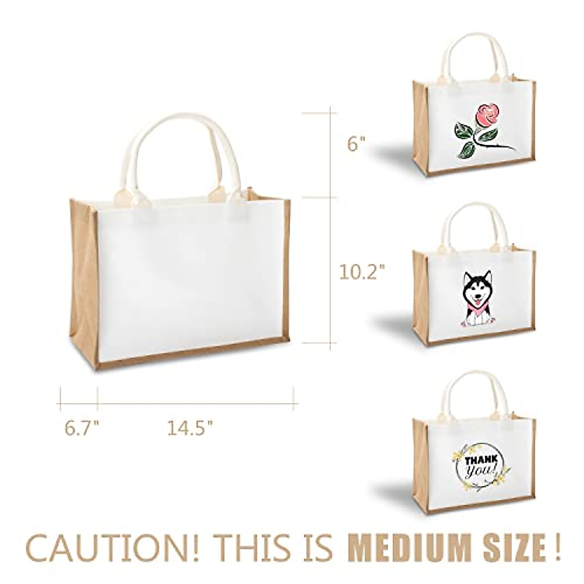 YACEYACE Burlap Tote Bags, 14.5" x 6.7" x 10.2" Set of 6 Travel Tote Bags Jute Beach Tote Bags with Handles Reusable Grocery Bags Bridesmaid Bags Personalized Tote Bags for Travel,DIY, Beach,Wedding