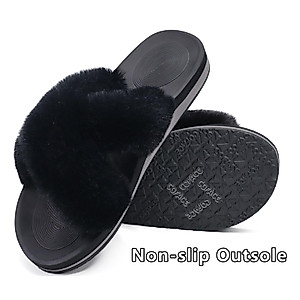COFACE Womens Fuzzy Slides Fluff Fax Fur Cross Slippers Open Toe Yoga Mat House Slippers Sandals With Arch Support For Indoor/Outdoor