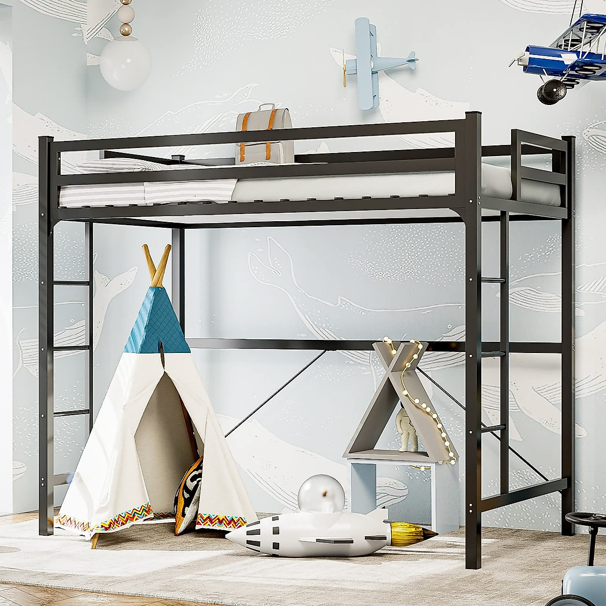 AOVSA Metal Loft Bed Twin Size with 2 Ladders, Junior Metal Twin Over Loft Bunk Bed with Safety Guard for Adults Teens/Space-Saving/Noise Free/No Box Spring Needed - Black