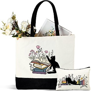 Cunno 2 Pcs Book Lovers Gifts Set Cat Tote Bags with Makeup Bag Aesthetic Floral Bags for Teacher Appreciation Gift Set(Cat)