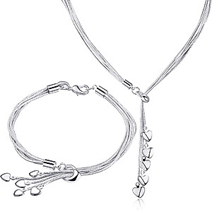 MTLEE 2 Pieces Five-line Chain with Five-heart Link Bracelet Bangle Italian Five-line Chain Necklace Link for Women Christmas Gift(Silver)