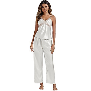 LYANER Women's Satin Silk Pajamas Set V Neck lace Trim Cami Top and Pants Sleepwear Pjs Set White Large