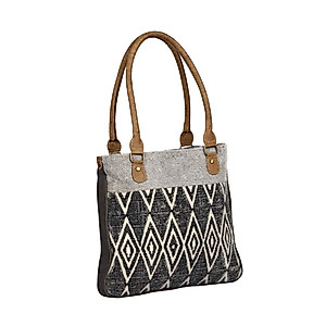Diamond Pattern Print Upcycled Canvas and Hair-On Leather Handbag