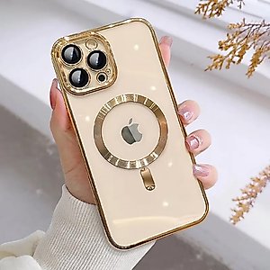 ZIYE Magnetic Case for iPhone 14 Pro Max Case [Compatible with MagSafe] Camera Lens Protector Plating Luxury Cover for Women Men Clear Soft TPU Shockproof Protective Phone Case - Gold