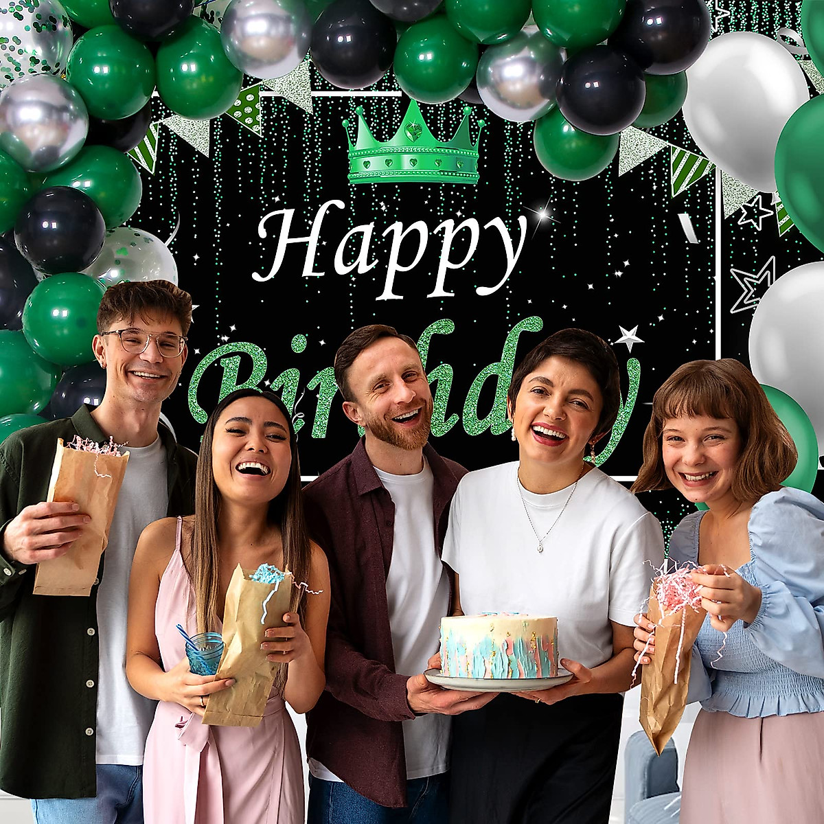 Birthday Decorations for Men Women, Green Black Birthday Party Decorations Happy Birthday Backdrop Banner Latex Confetti Balloons Disposable Tablecloth Boys Girls Bday Party Supplies