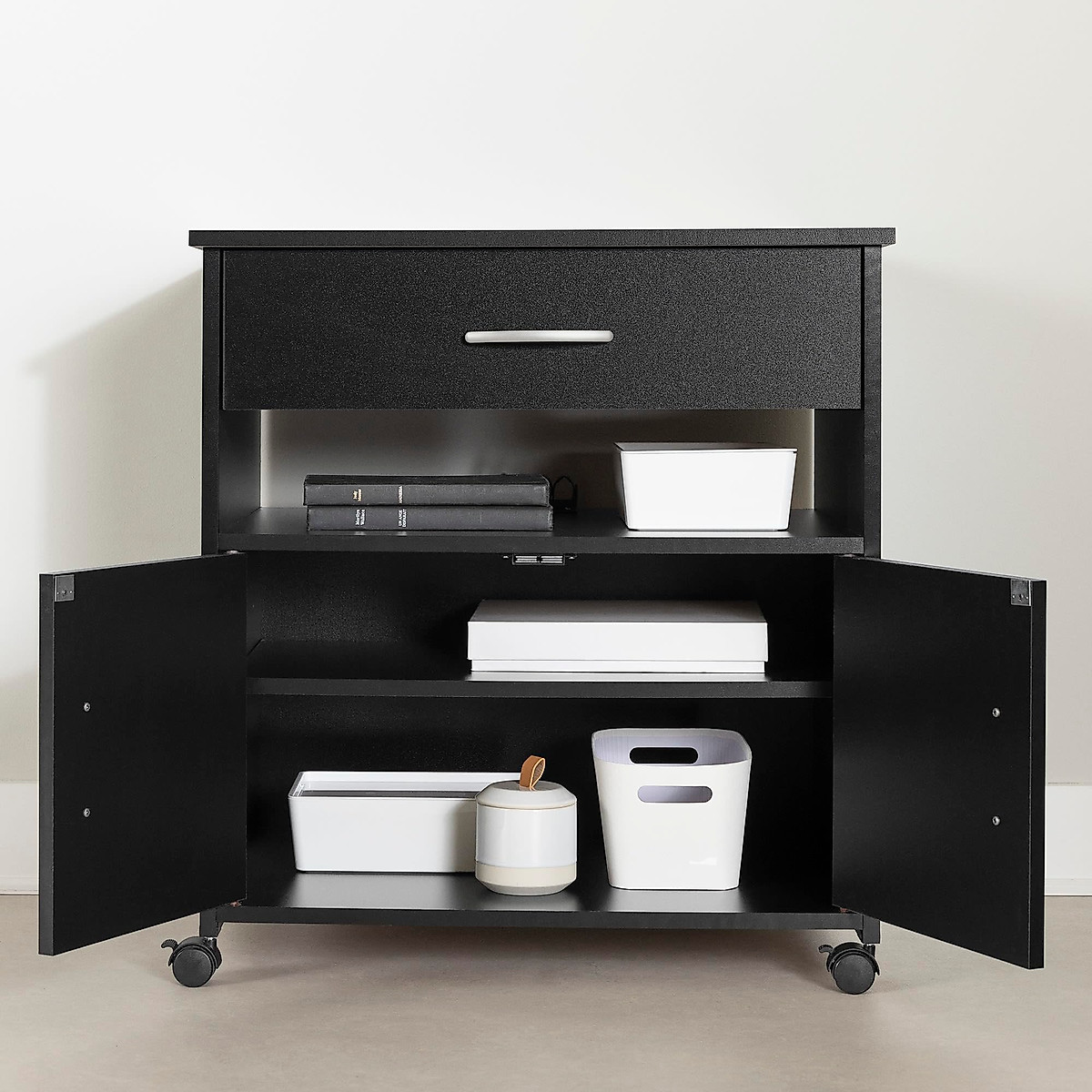 South Shore 2-Door Printer Stand with Storage on Wheels, Pure Black, 19 75 L x 26 W x 27 25 H,