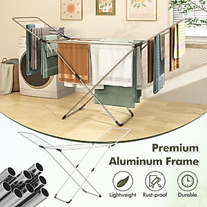 Tangkula Folding Clothes Drying Rack, Lightweight Aluminum Laundry Drying Rack w/Adjustable Wings, 20 Drying Rails, Space-Saving Laundry Hanger for Indoor & Outdoor Use, No Assembly, Silver