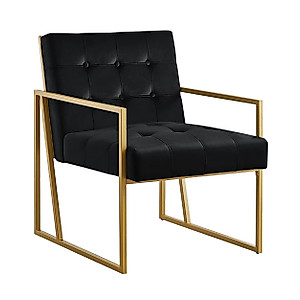 24KF Modern Black Velvet Button Tufted Accent Chair with Golden Metal Stand, Decorative Furniture Chairs for Living Room Bedroom - Black