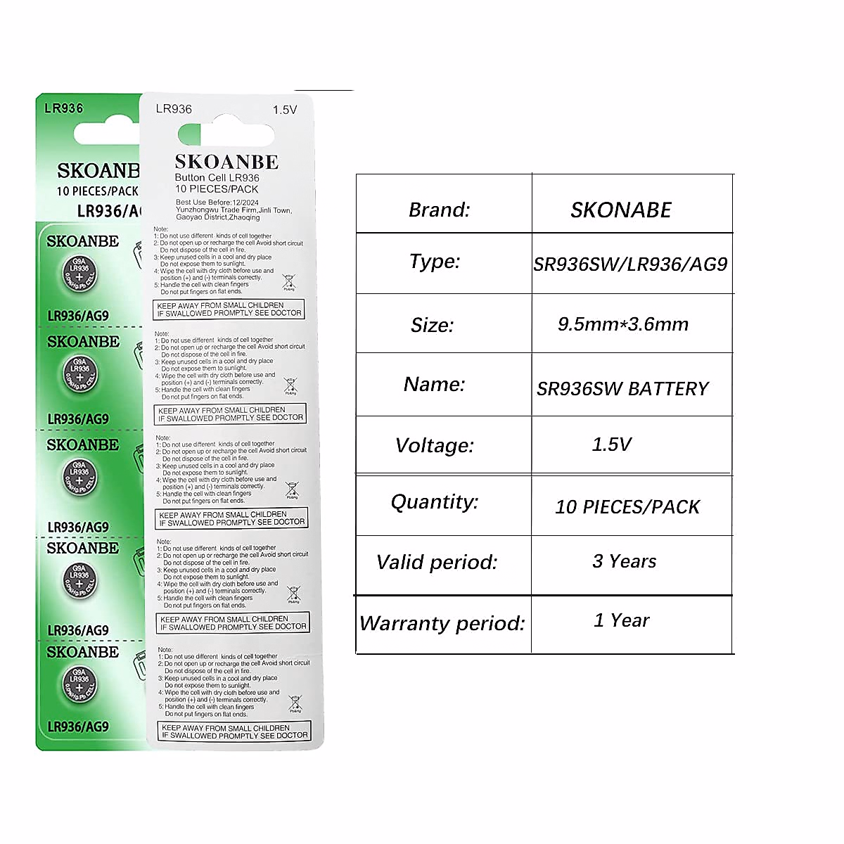 SKOANBE SR936SW 394 AG9 1.5V Button Coin Cell Watch Battery (10-Pack)