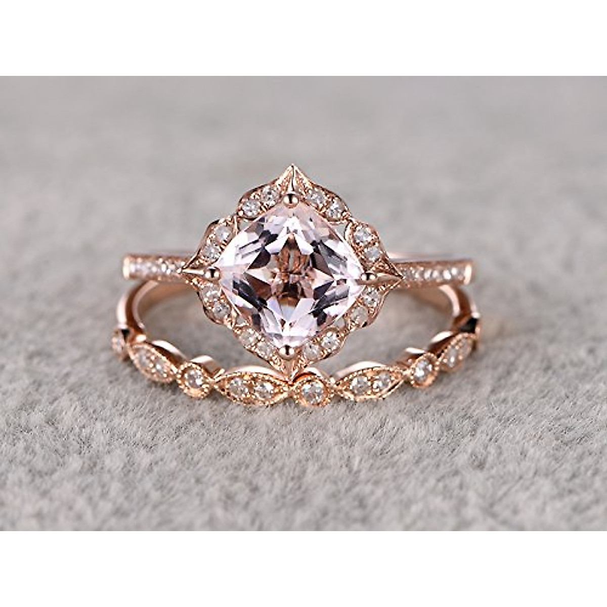 2pcs Morganite Bridal Ring Set,Engagement Ring Rose Gold,Diamond Wedding Band,14k,7mm Cushion Cut,Promise Ring,Retro Vintage Floral,Art Deco