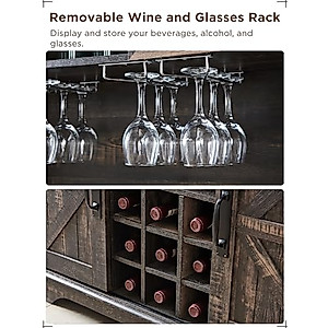 OKD Farmhouse Bar Cabinet with Sliding Barn Door, 72" Rustic Buffet with Hutch with Wine and Glasses Rack, 3 Drawers, Storage Shelves, Sideboard Cupboard for Kitchen, Dining Room, Dark Rustic Oak