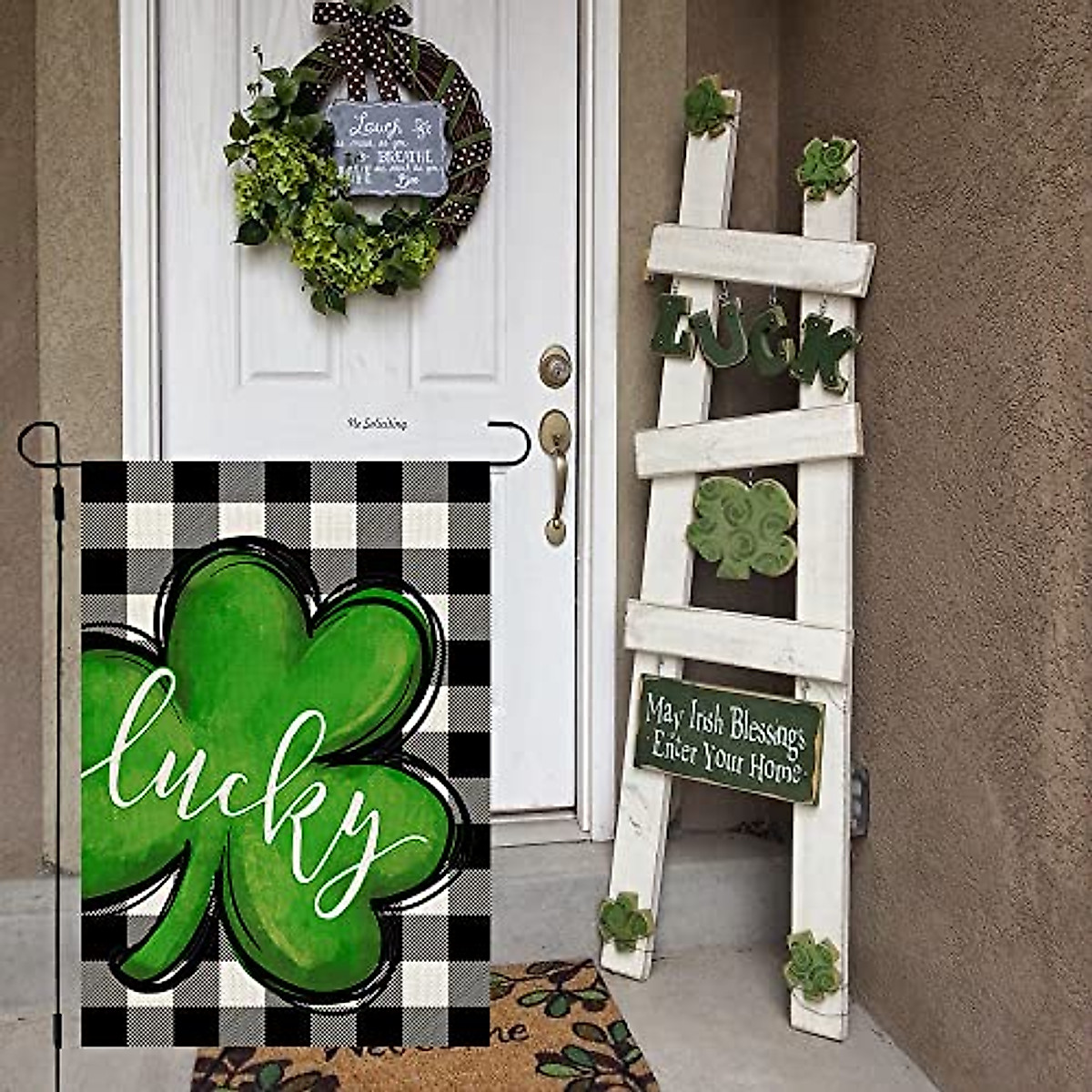 CROWNED BEAUTY St Patricks Day Garden Flag 12x18 Inch Double Sided for Outside Small Burlap Green Shamrock Lucky Black White Buffalo Plaid Yard Holiday Flag CF737-12