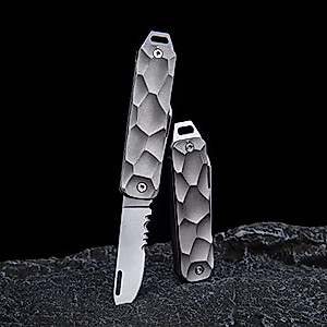 ainhue AU001 Compact Double-bladed Folding Pocket Knife, Half-serrated D2 blade, Bottle Opener, Scalloped TC4 Titanium Handle with a Pry Bar Lanyard. Slip Joint Utility Multi-tool EDC Knives