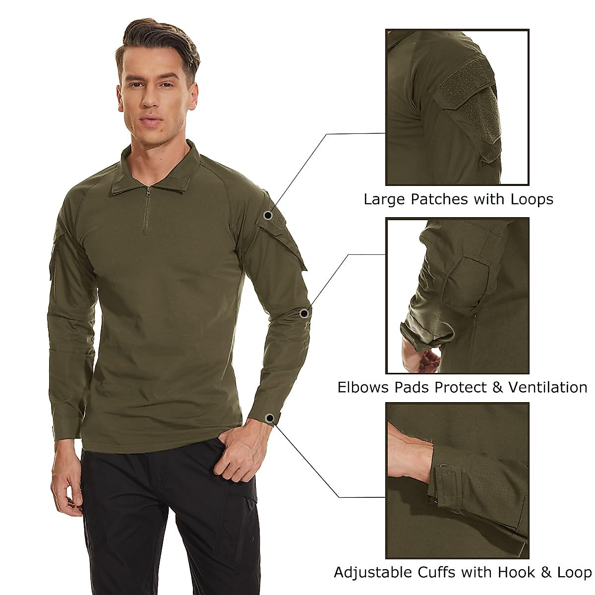TACVASEN Tactical Shirt for Men 1/4 Zip Combat Shirt Long Sleeve with Pockets Army Pullover Military Lightweight Hiking Shooting Training Green L