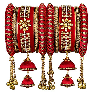 Aheli Wedding Party Designer Velvet Faux Stone Studded Bridal Bangle Set Chuda with Hangings Indian Traditional Ethnic Fashion Jewelry for Women(Red)