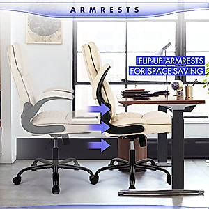 COLAMY Office Chair High Back Executive Computer Chair-Ergonomic Home Office Chair with Padded Flip-up Arms, Adjustable Height and Tilt Lock, Swivel Task Chair with Thick Leather for Comfort, Ivory