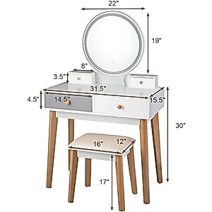 Vanity Set, Touch-Screen LED Round Mirror, Dressing Table with Cushioned Stool, 4 Storage Drawers &Spacious Desktop, 3 Adjustable Light Colors, Makeup Table and Stool Set for Women Girls, White + Gray