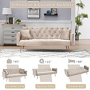 KINFFICT Velvet Futon Sofa Bed with 2 Pillows, Convertible Sleeper Sofa Couch with 3 Angle Adjustable Backrest, Modern Loveseat with 4 Golden Metal Legs for Living Room and Bedroom (Beige)