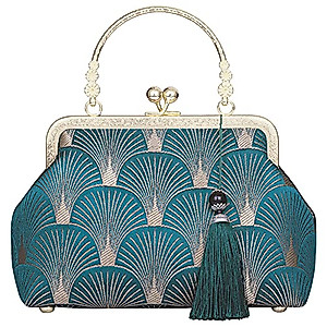 Anopo Evening Bag Tassel Satin Floral Sector Pattern Clutch Purse Crossbody Lady HandBag for Dress Wedding Party Prom Club